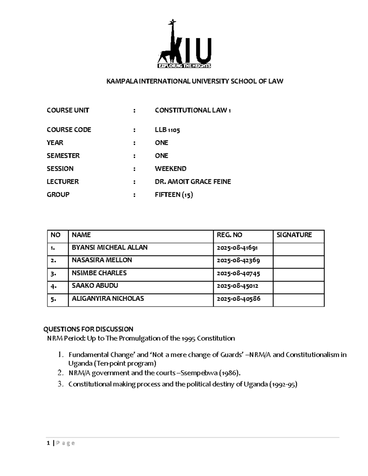 LLB 1105: Constitutional Law 1 - Group 15 Presentation Notes - Studocu