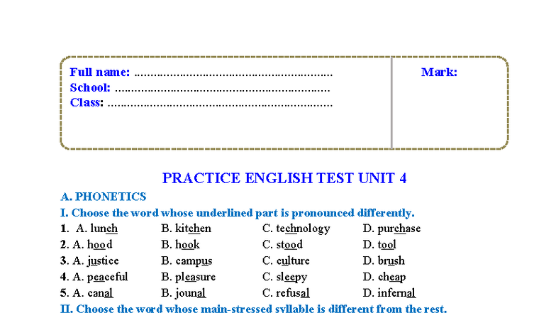 Practice English Test 01: Phonetics, Vocabulary, and Grammar - Studocu
