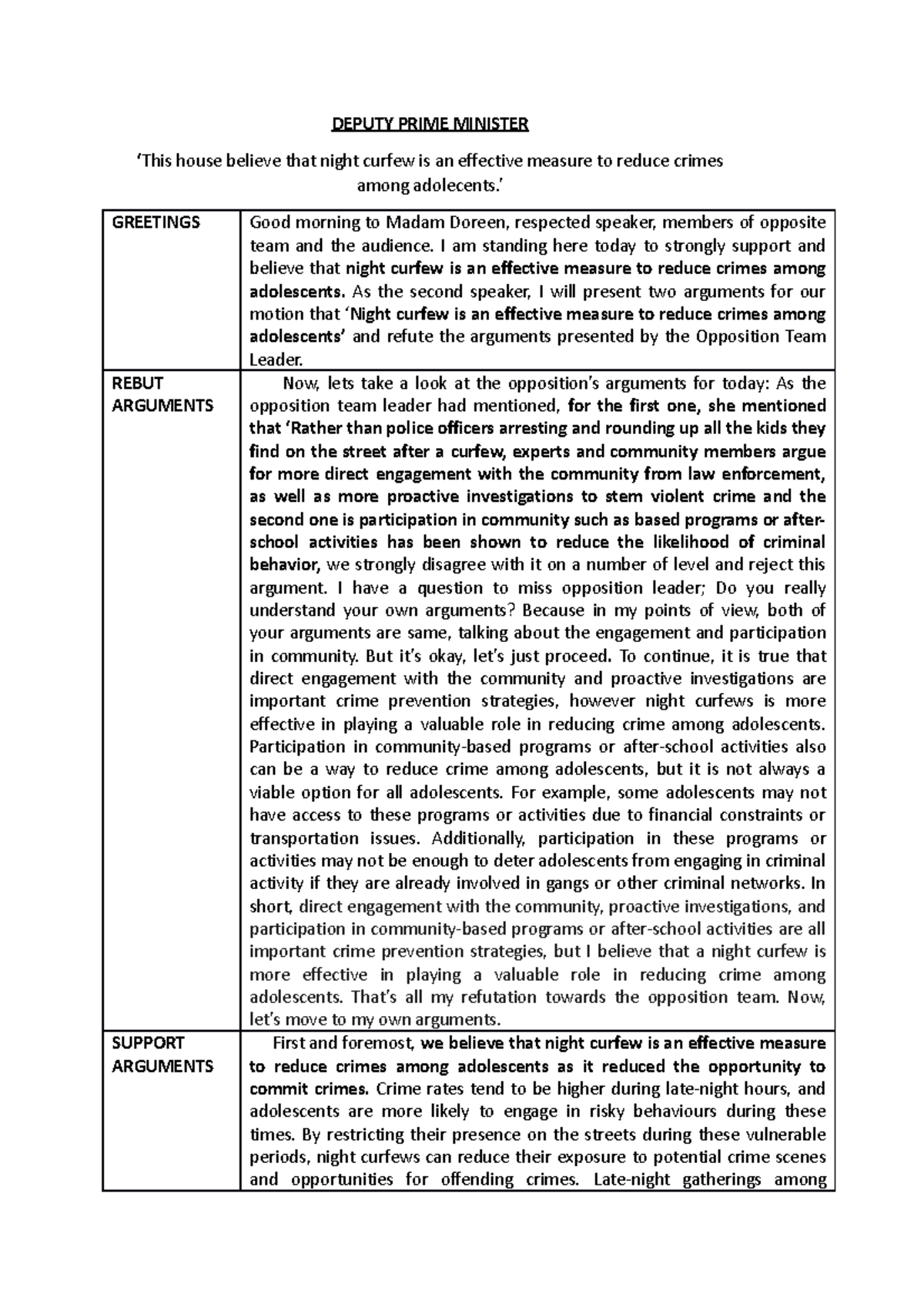 DEBATE SCRIPT: NIGHT CURFEW AS CRIME REDUCTION STRATEGY - Studocu