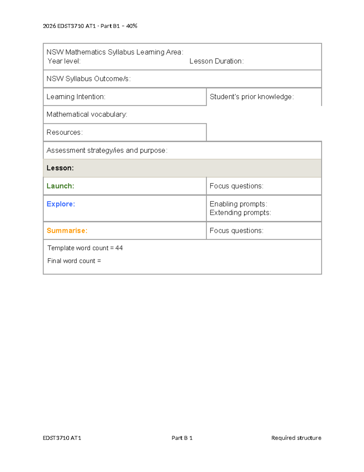 EDST3710 Lesson Plan required (2) - 2026 EDST3710 AT1 - Part B1 – 40% ...