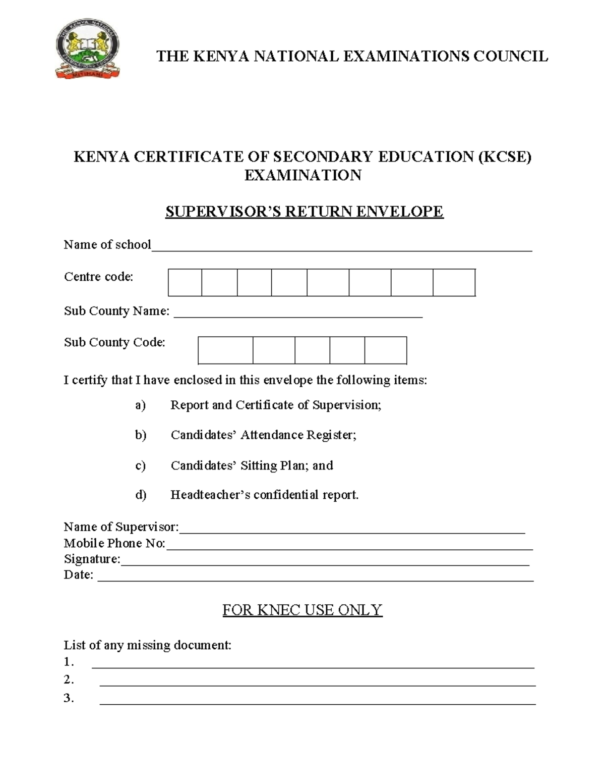 2023 -KCSE- Supervisors Return Envelope (2) - THE KENYA NATIONAL ...