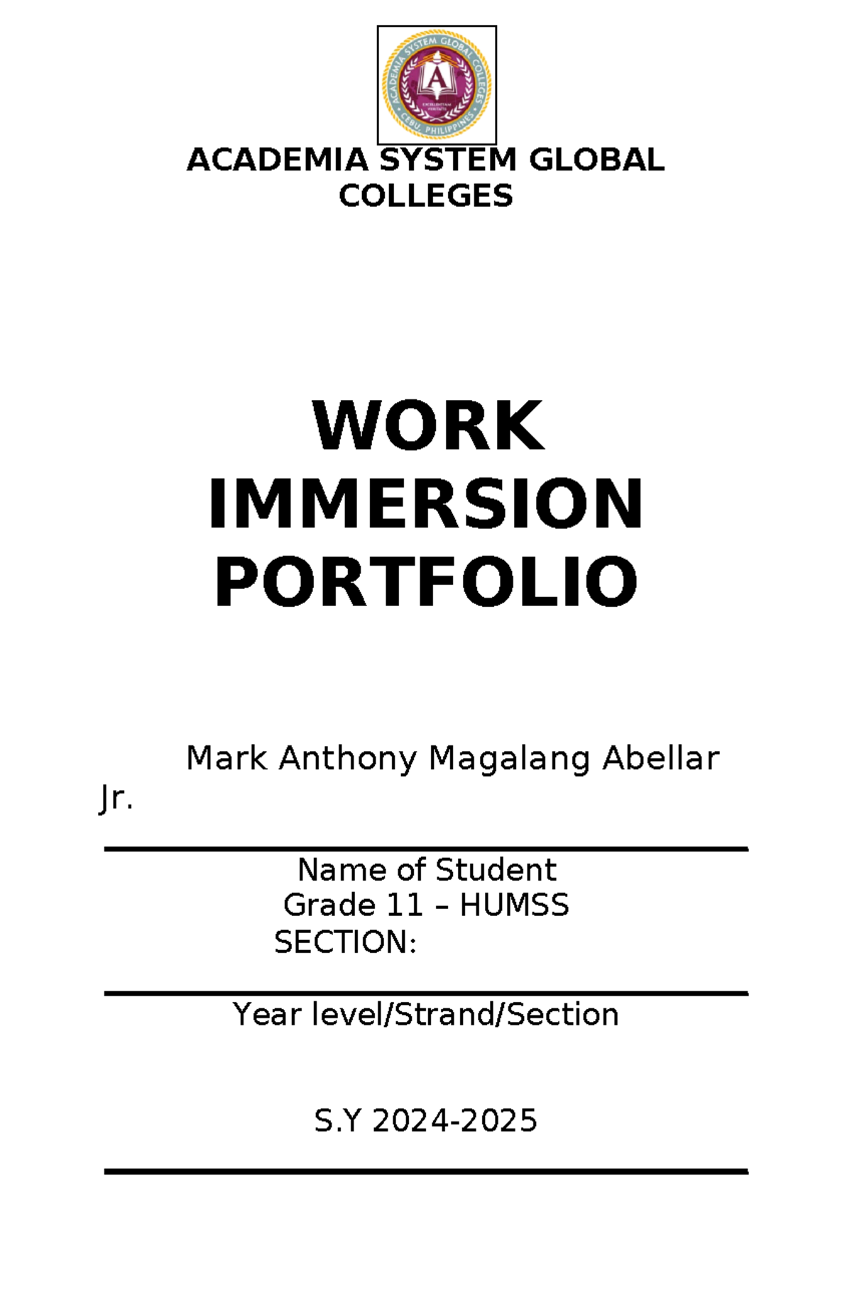 WORK- Immersion- Portfolio - ACADEMIA SYSTEM GLOBAL COLLEGES WORK ...