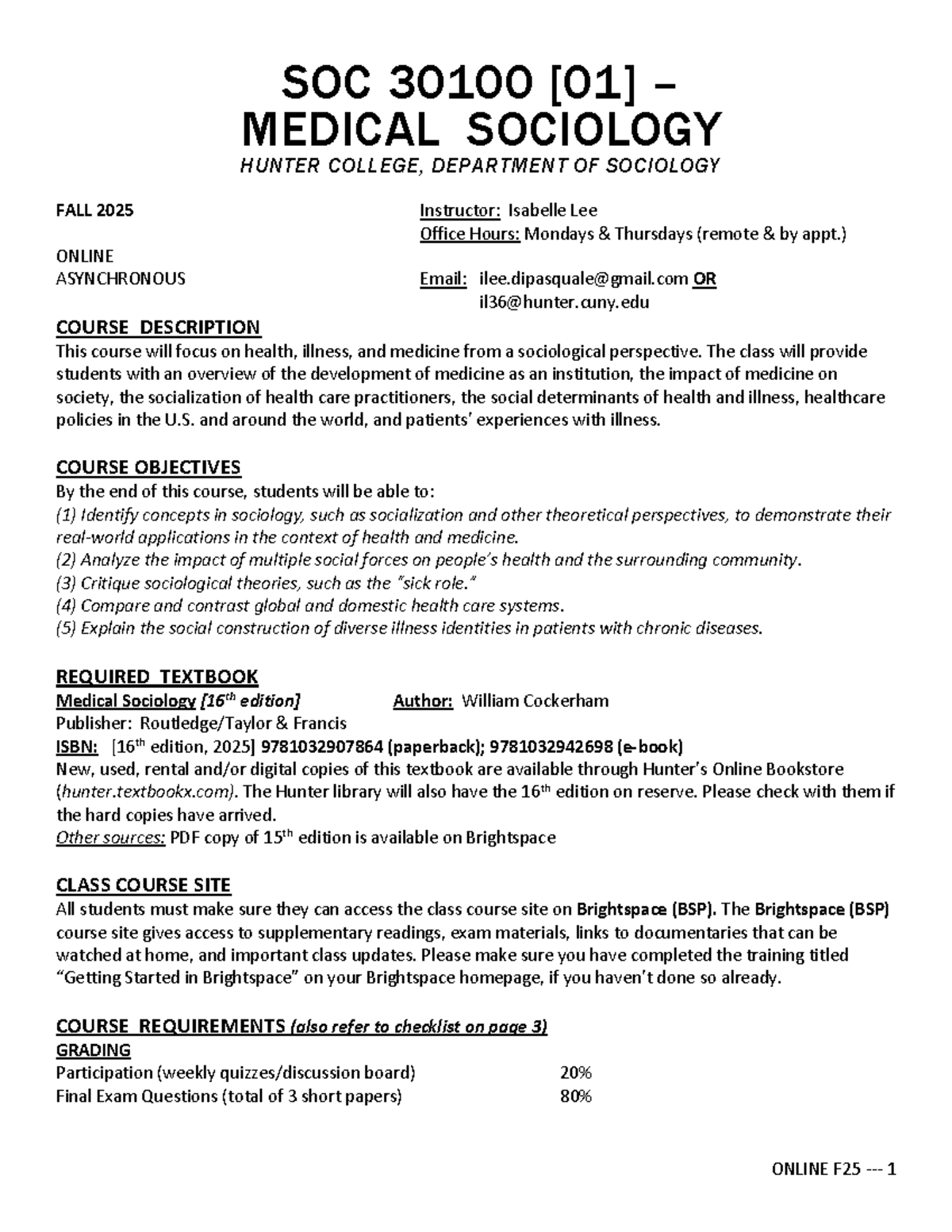 Med Soc 30100: Medical Sociology Course Overview - Fall 2025 Online ...