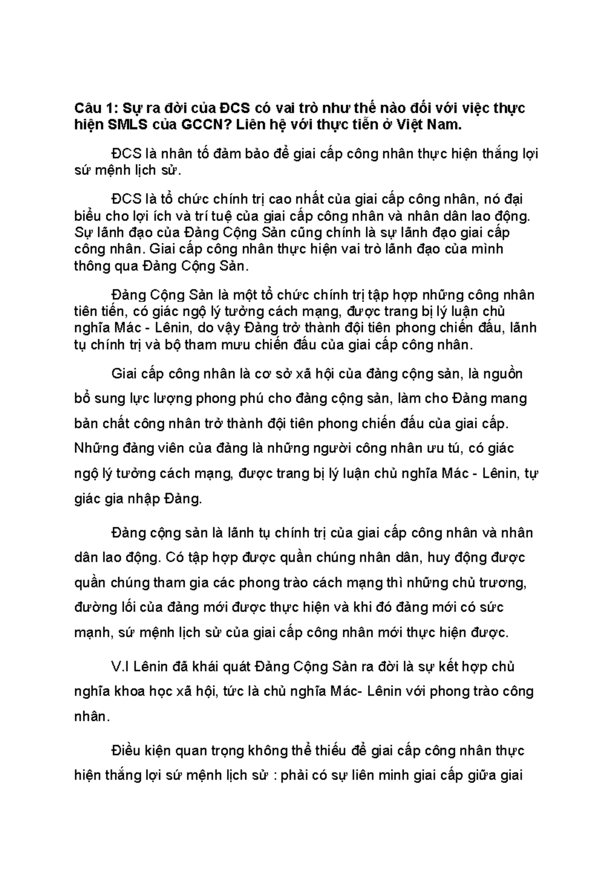 Vai trò của Đảng Cộng sản trong thực hiện SMLS của GCCN tại Việt Nam ...