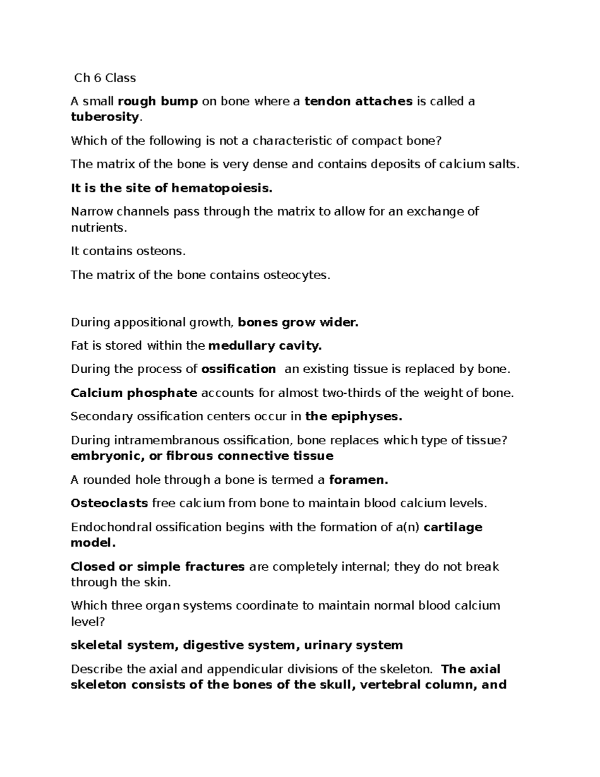 Ch 6 Class: Key Concepts of Bone Structure and Functions - Studocu