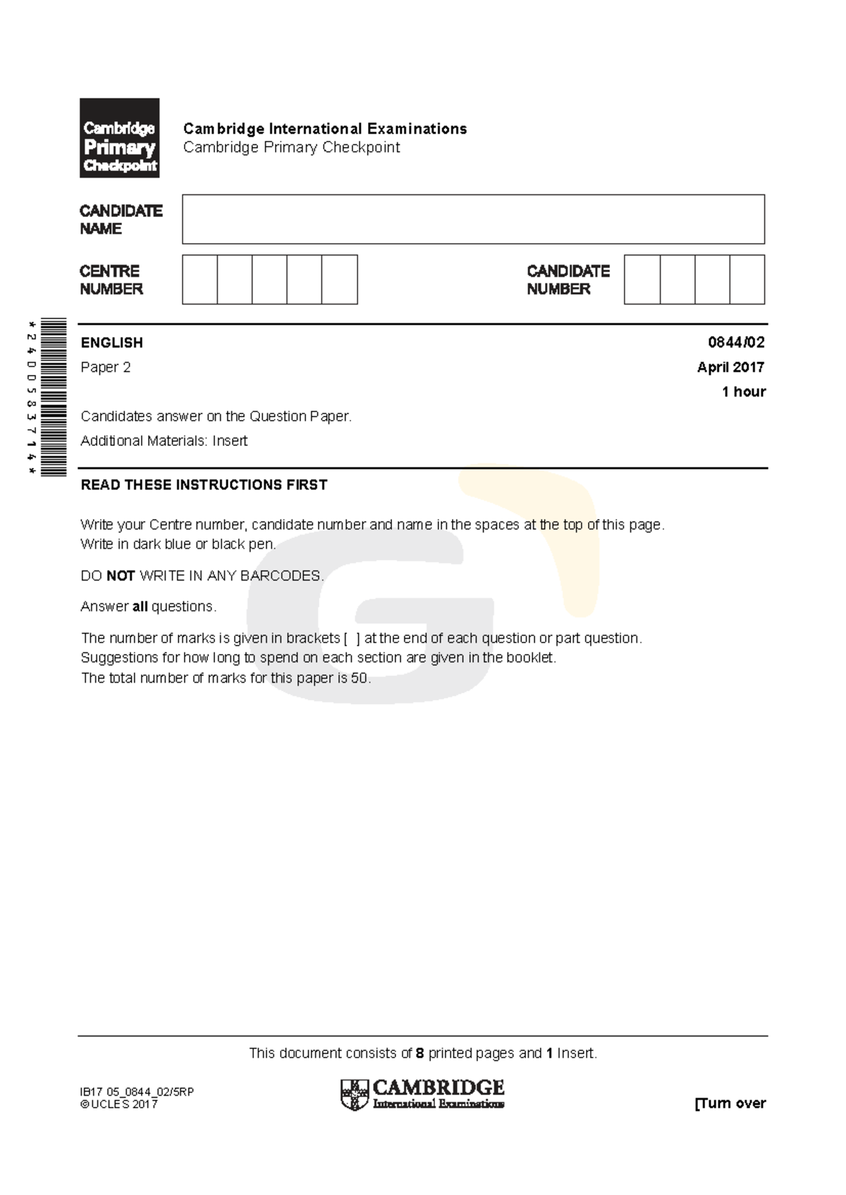 Cambridge Primary Checkpoint ENGLISH Paper 2 - April 2017 Exam - Studocu
