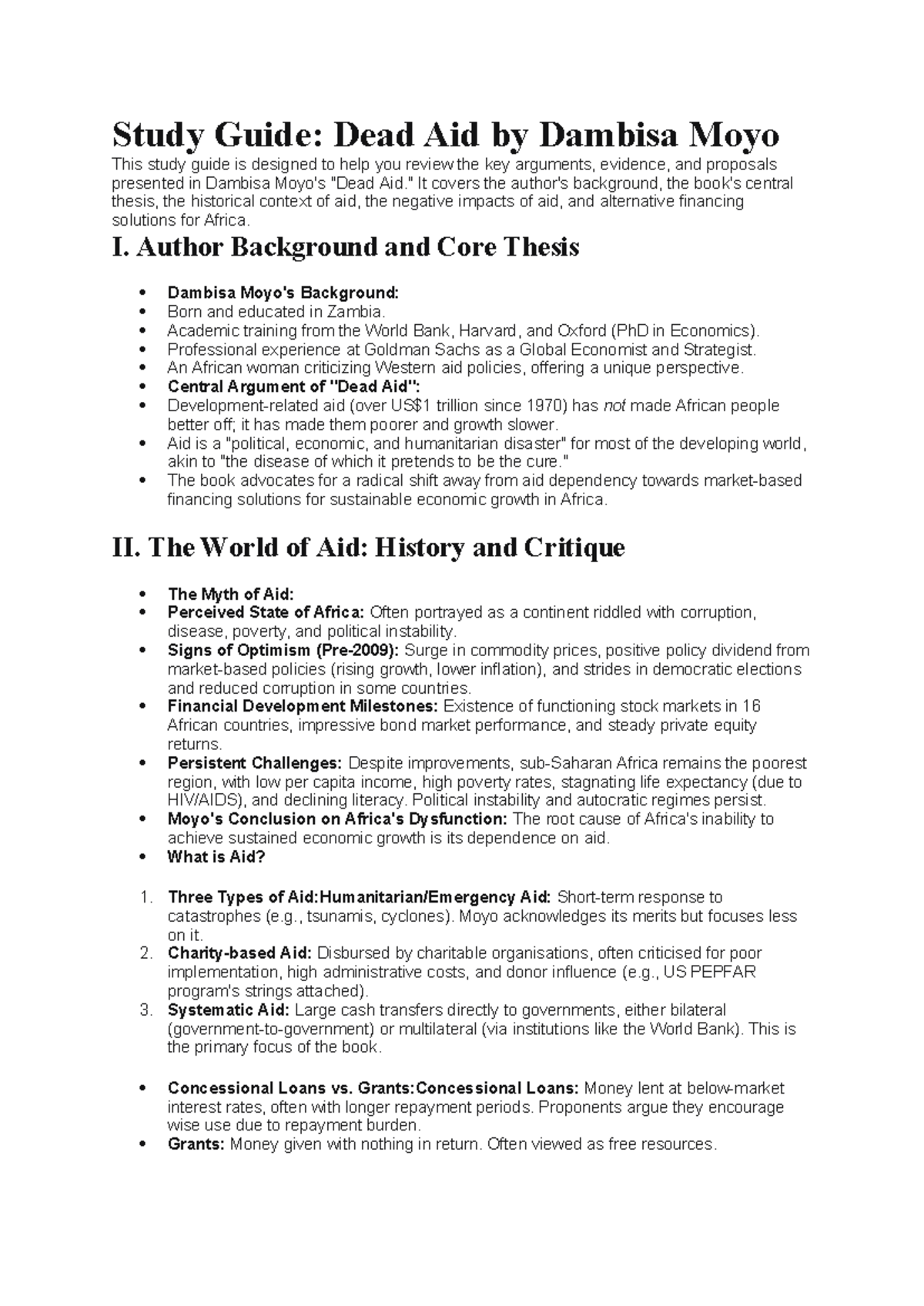 Study Guide: Dead Aid by Dambisa Moyo (Course Code: ECON 101) - Studocu