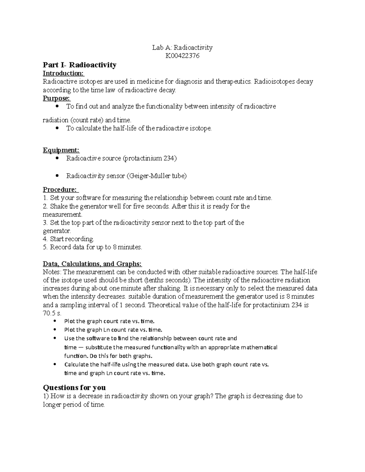 Radioactivity Lab Report (K): Analyzing Intensity & Distance Relationships - Studocu