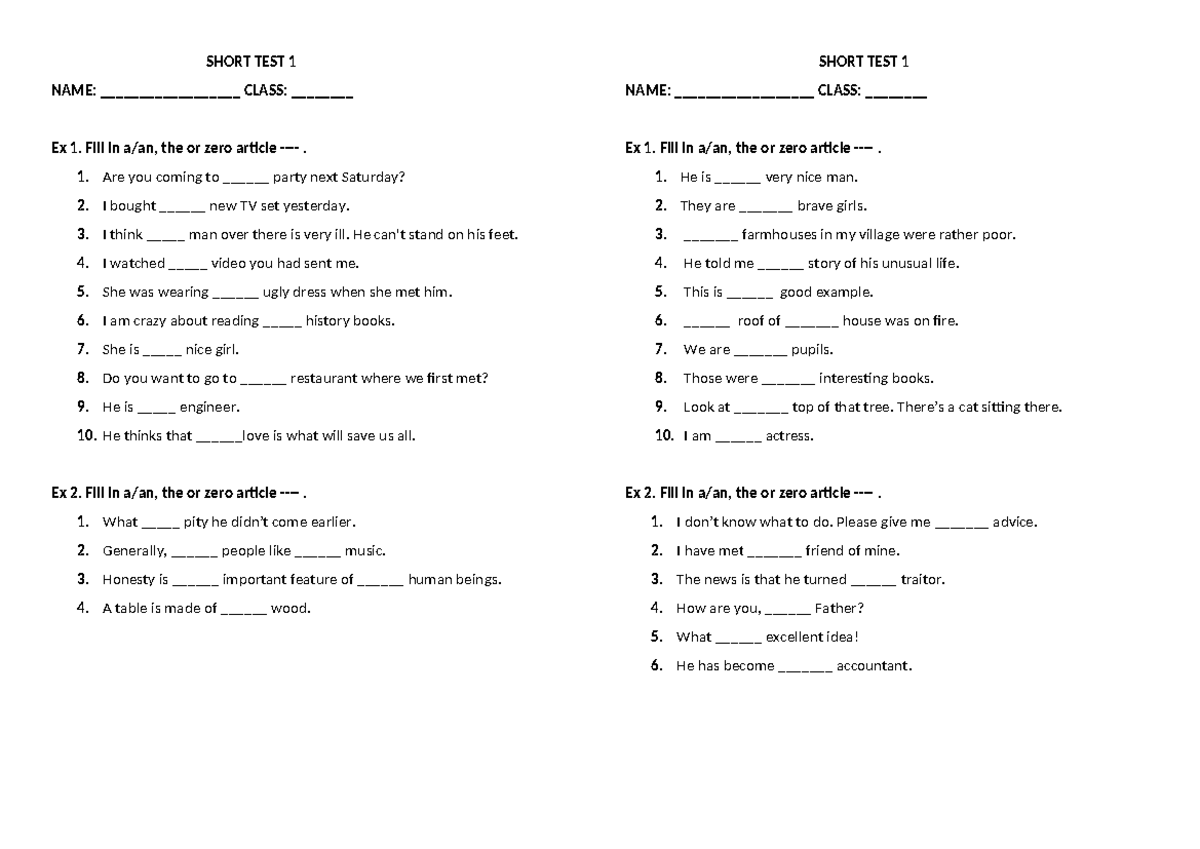 Short TEST 1: Articles Practice for English Prepositions - Studocu