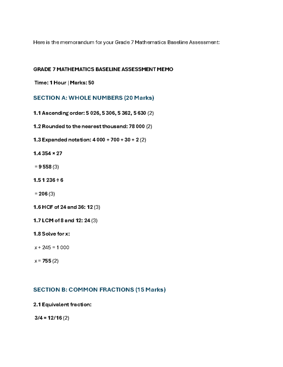 Grade 7 Maths BSA Memo - Practice Test Solutions & Answers - Studocu