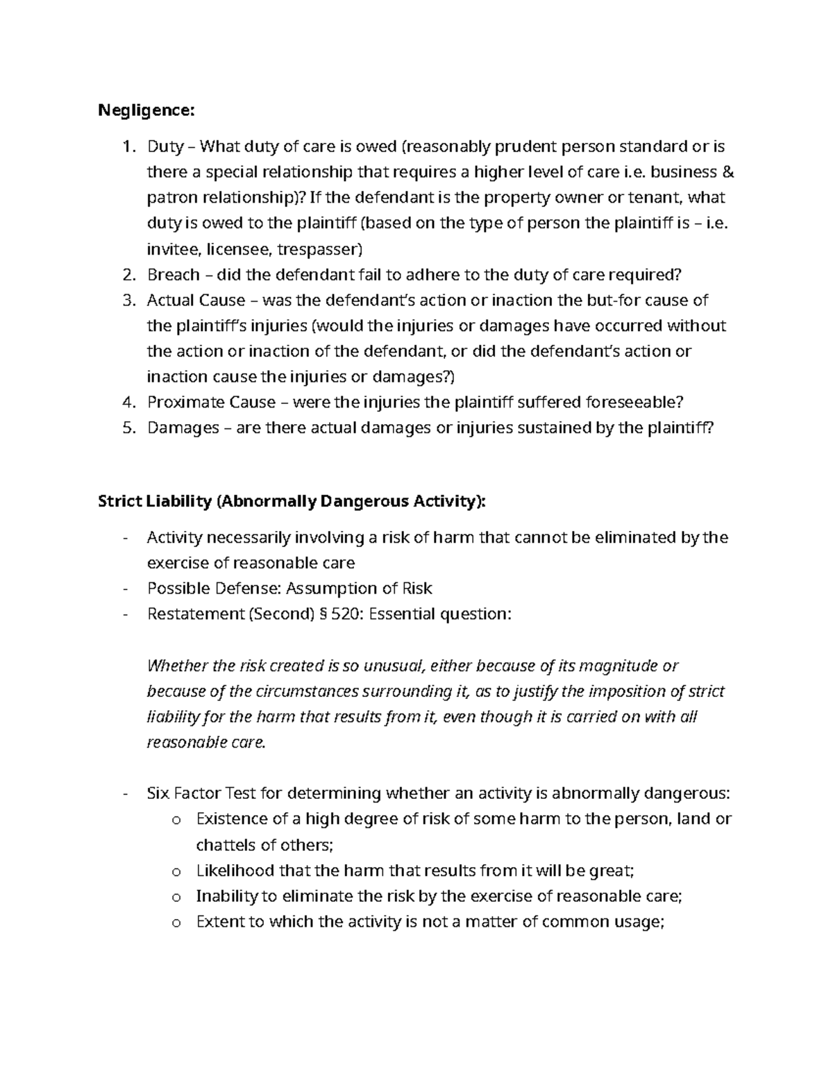 Negligence & Strict Liability Worksheet (Law 101) - Studocu