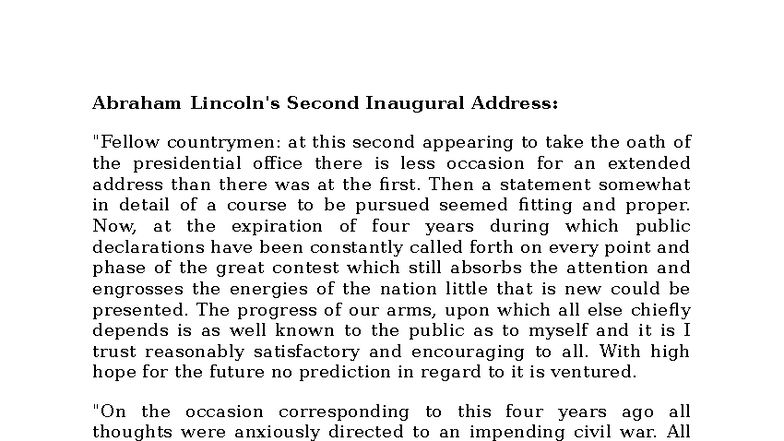 Abraham Lincoln's Second Inaugural Address Analysis (HIST 101) - Studocu