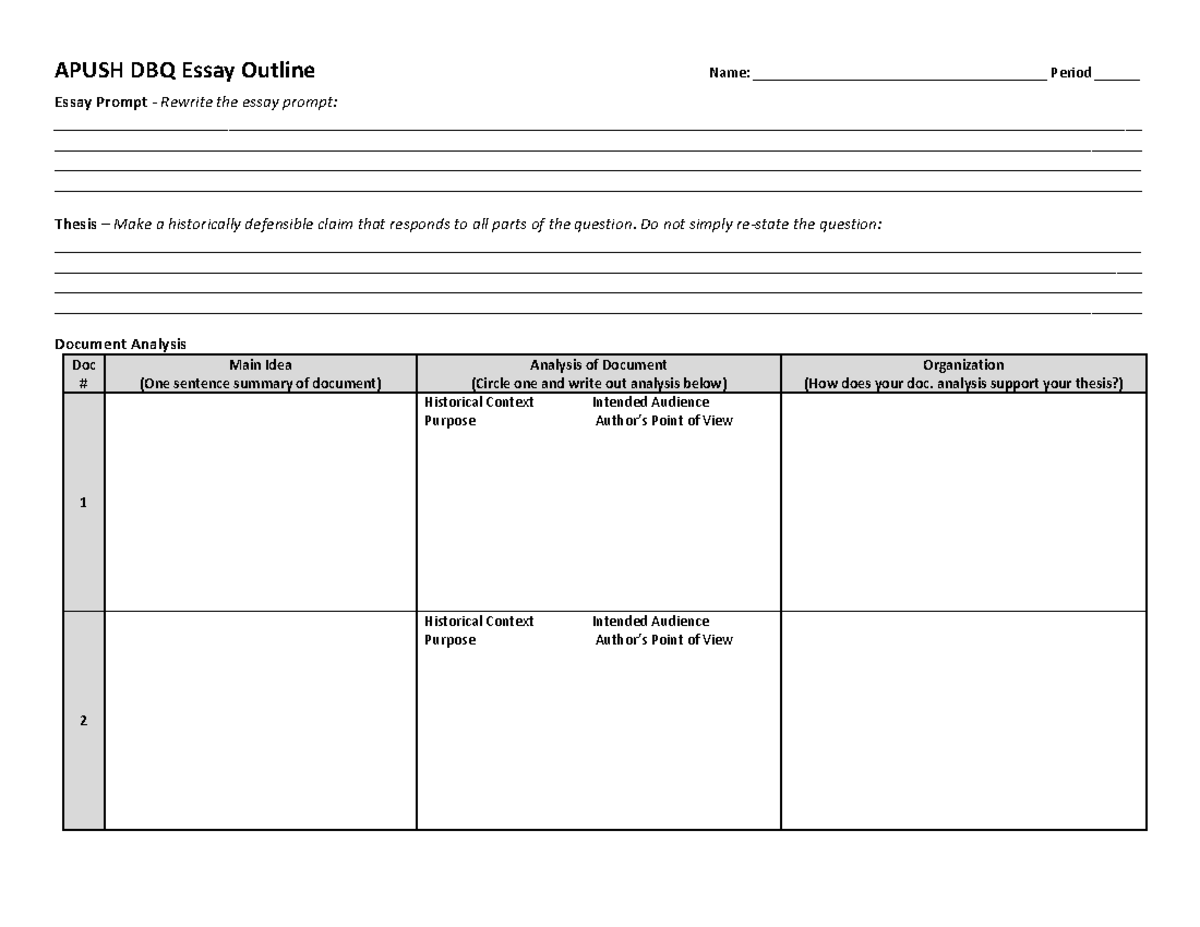 APUSH DBQ Essay Outline Graphic Organizer Guide - Studocu
