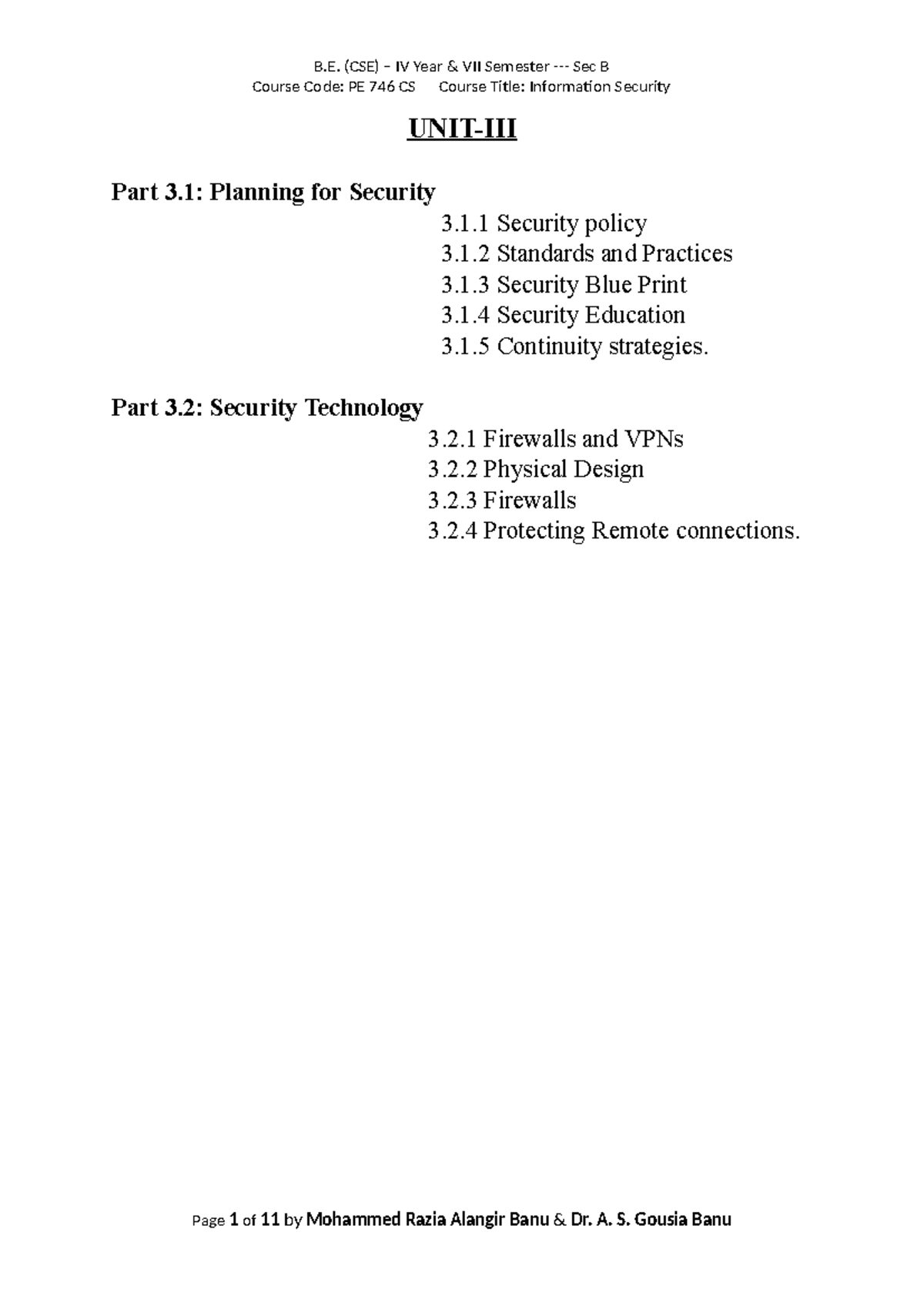 B.E. (CSE) IV Year VII Sem Sec B PE 746 CS: InfoSec Unit 3 Overview ...