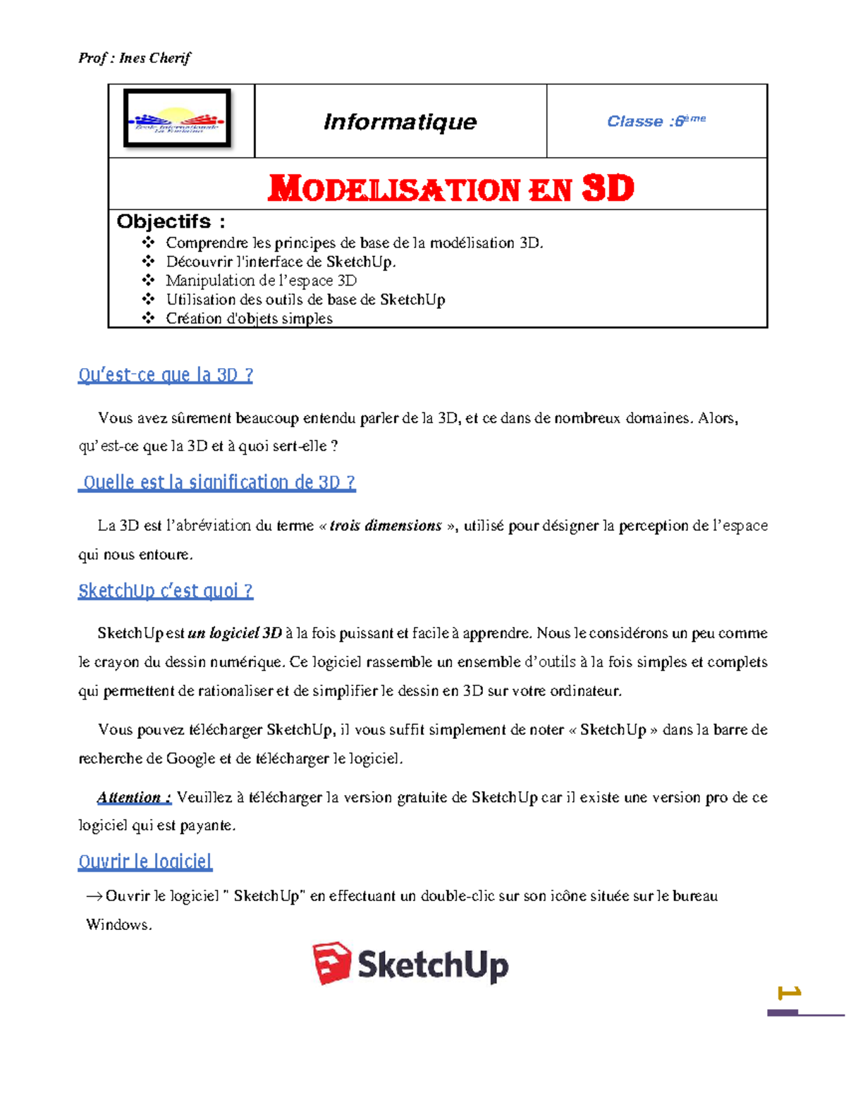 Cours 6ème : Introduction à la Modélisation 3D avec SketchUp - Studocu