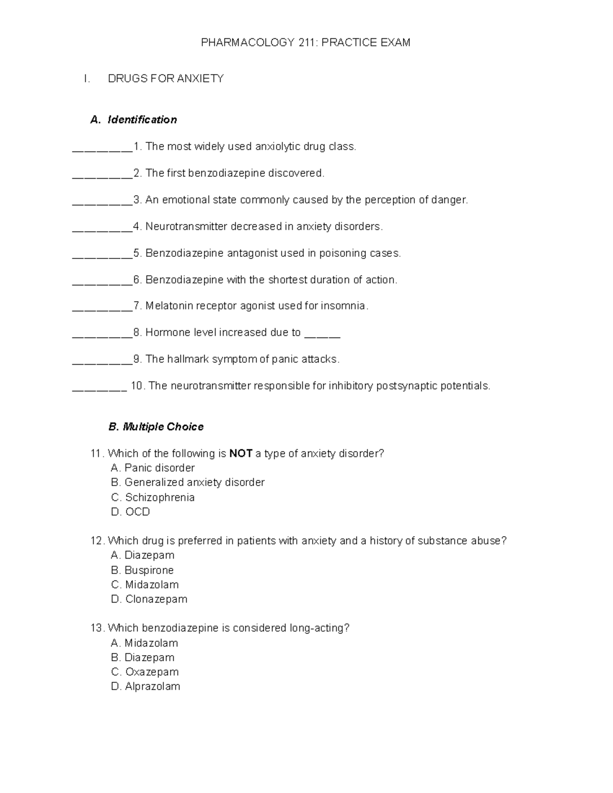PHARMACOLOGY 211: FINAL EXAM REVIEW ON ANXIETY, SEIZURES, AND ...