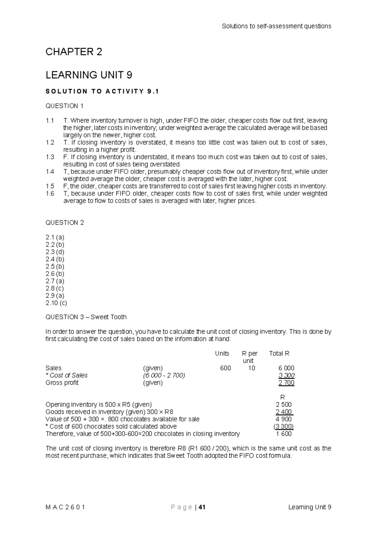 MAC2601 Learning UNIT 12 Solutions & Cost Analysis Techniques - Studocu