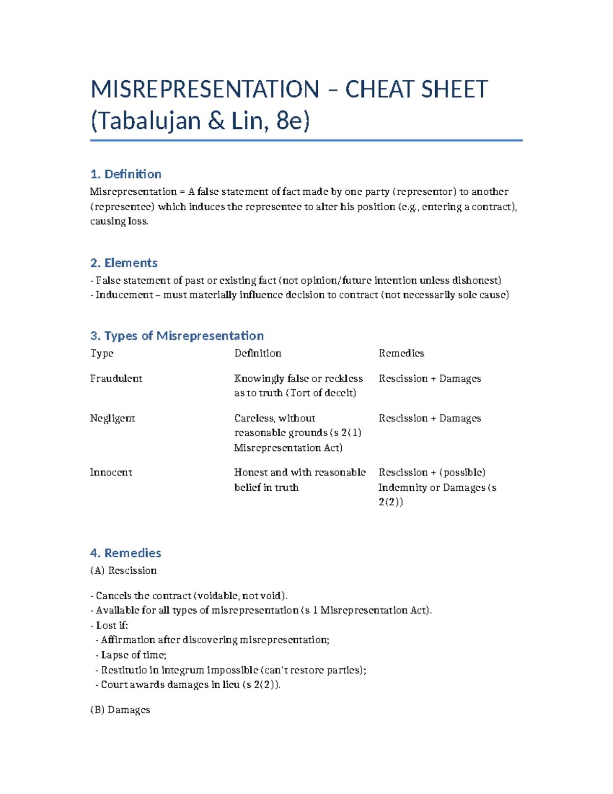 MISREPRESENTATION CHEAT SHEET (Tabalujan Lin, 8e) - Studocu
