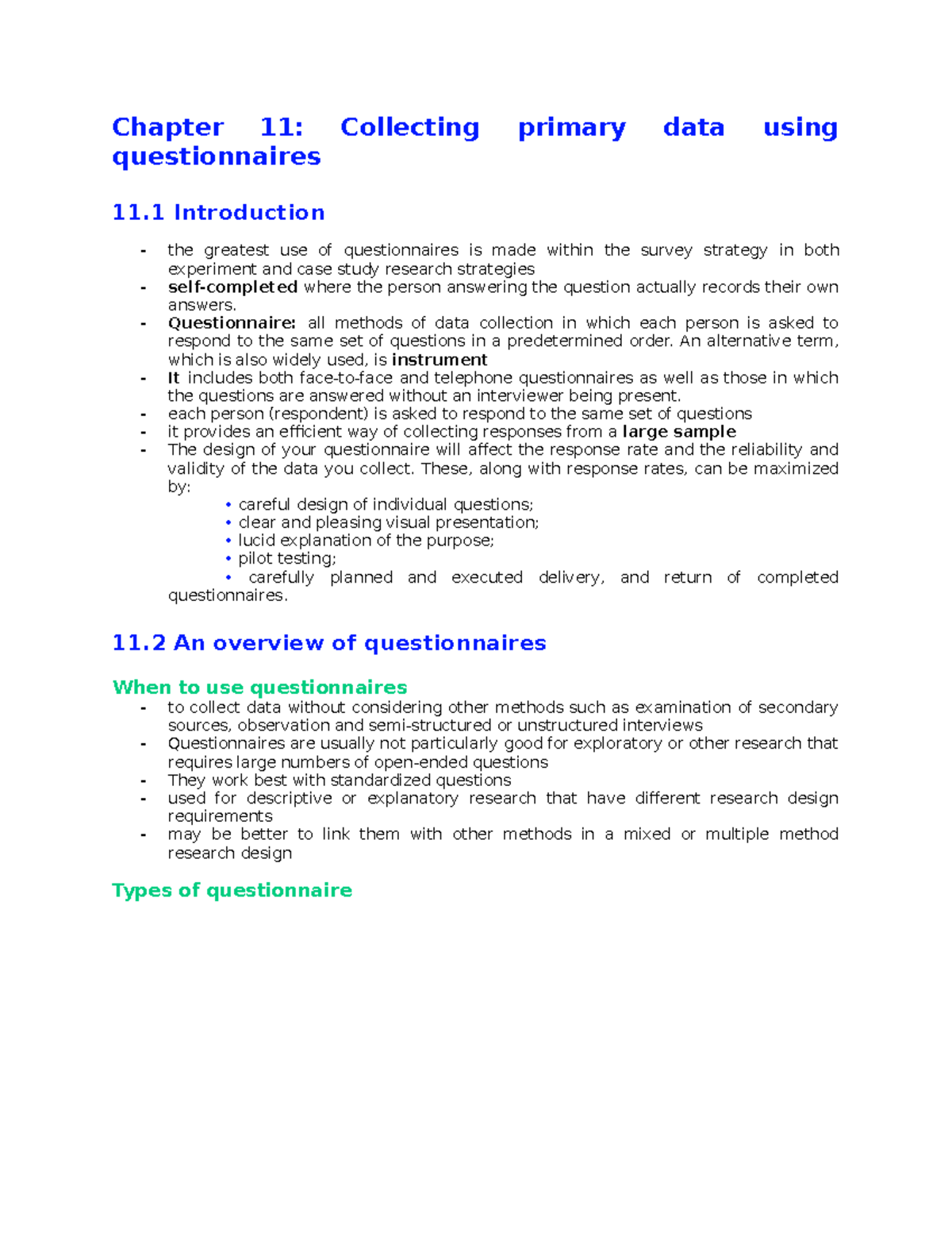 Chapter 11 Summary - Chapter 11: Collecting primary data using questionnaires 11 Introduction ...