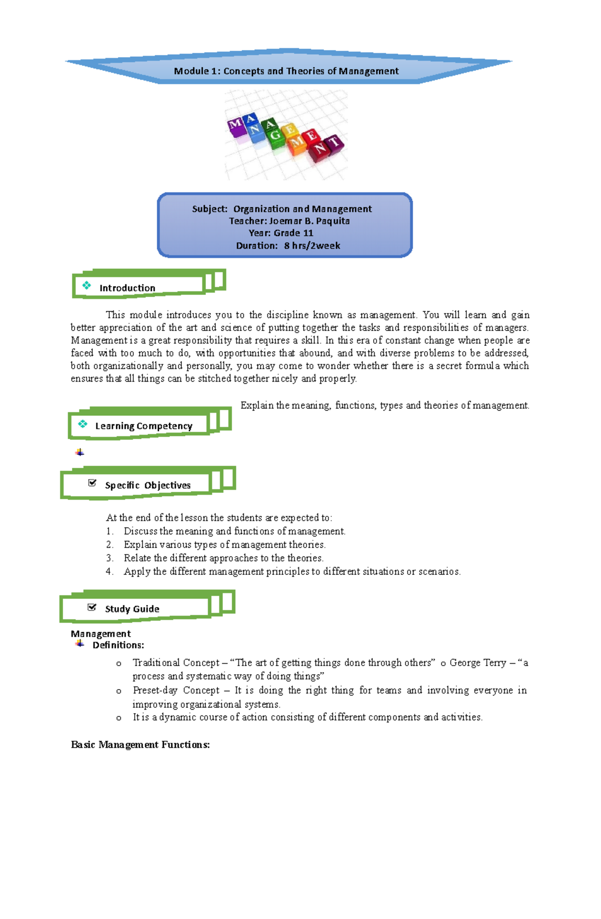 Org and Management Module 1 - This module introduces you to the ...