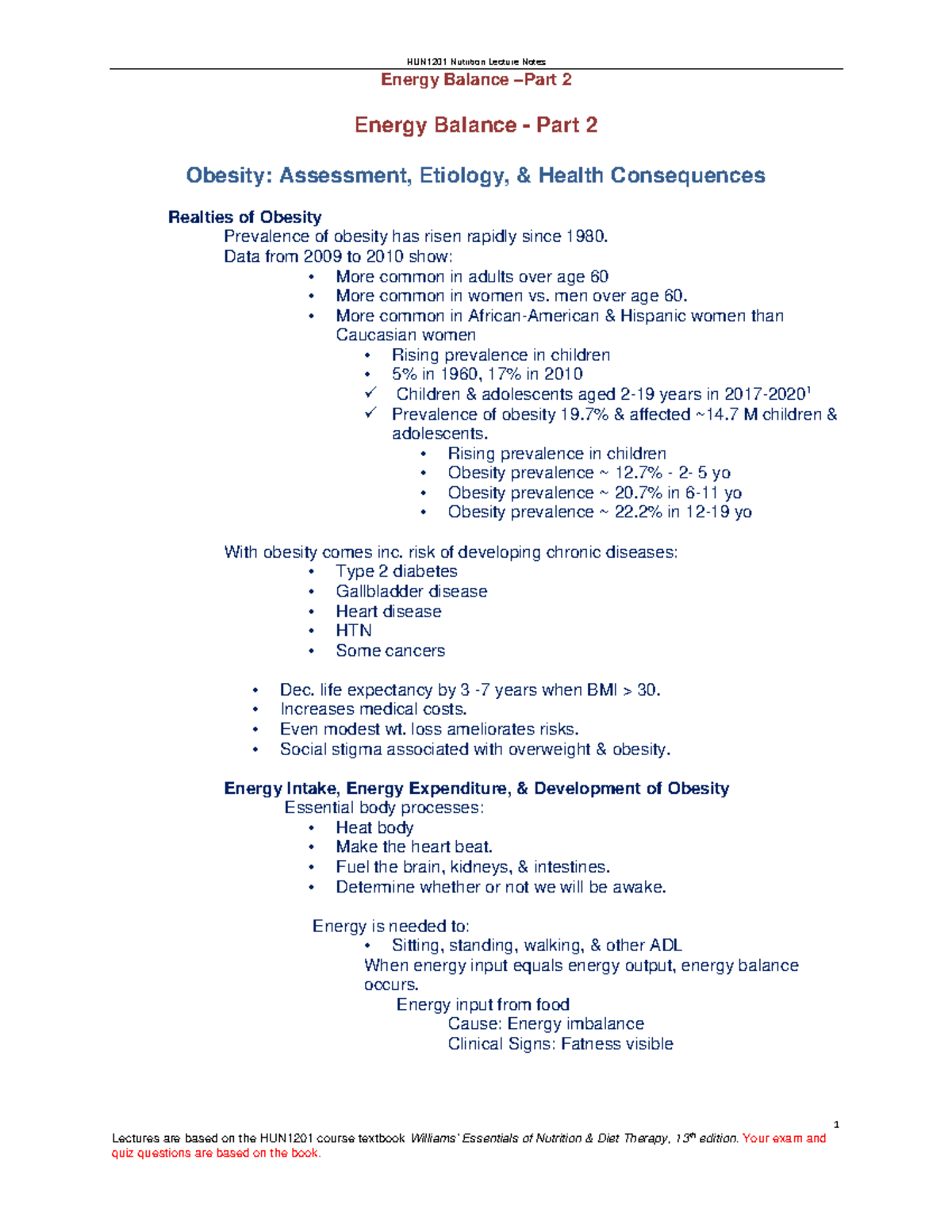 HUN1201 Nutrition Lecture Notes: Energy Balance & Obesity Overview ...