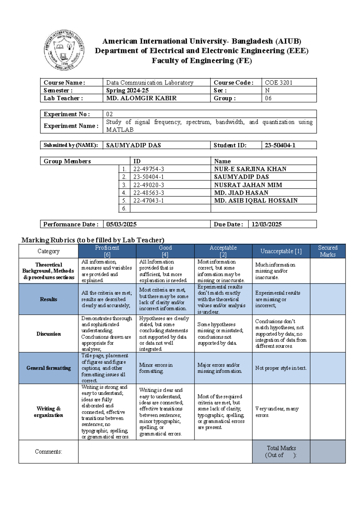 Data Communication Lab Report COE 3201: Experiment 2 on Signal Analysis ...