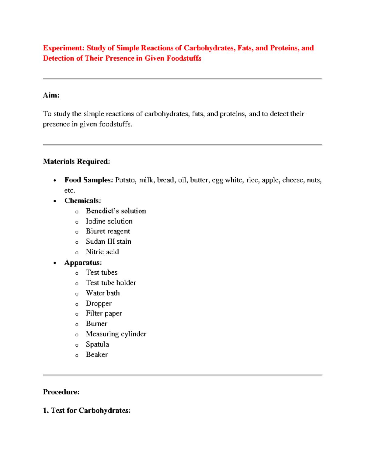 Chemistry Practical: Detection of Carbohydrates, Fats & Proteins - Studocu