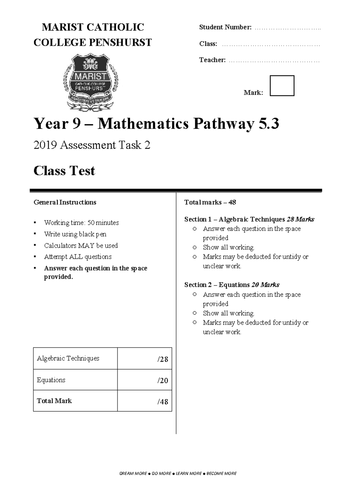 Year 9 Mathematics Pathway 5.3 Assessment Task 2 - Class Test 2019 ...