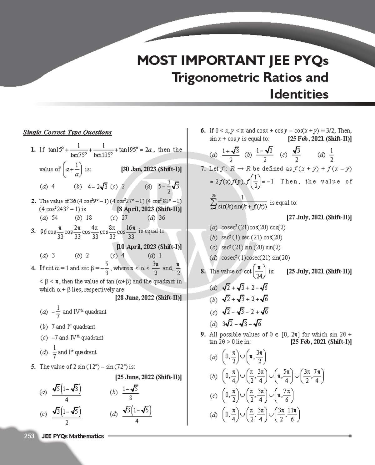 JEE PYQs Mathematics: Trigonometric Ratios & Identities - Studocu