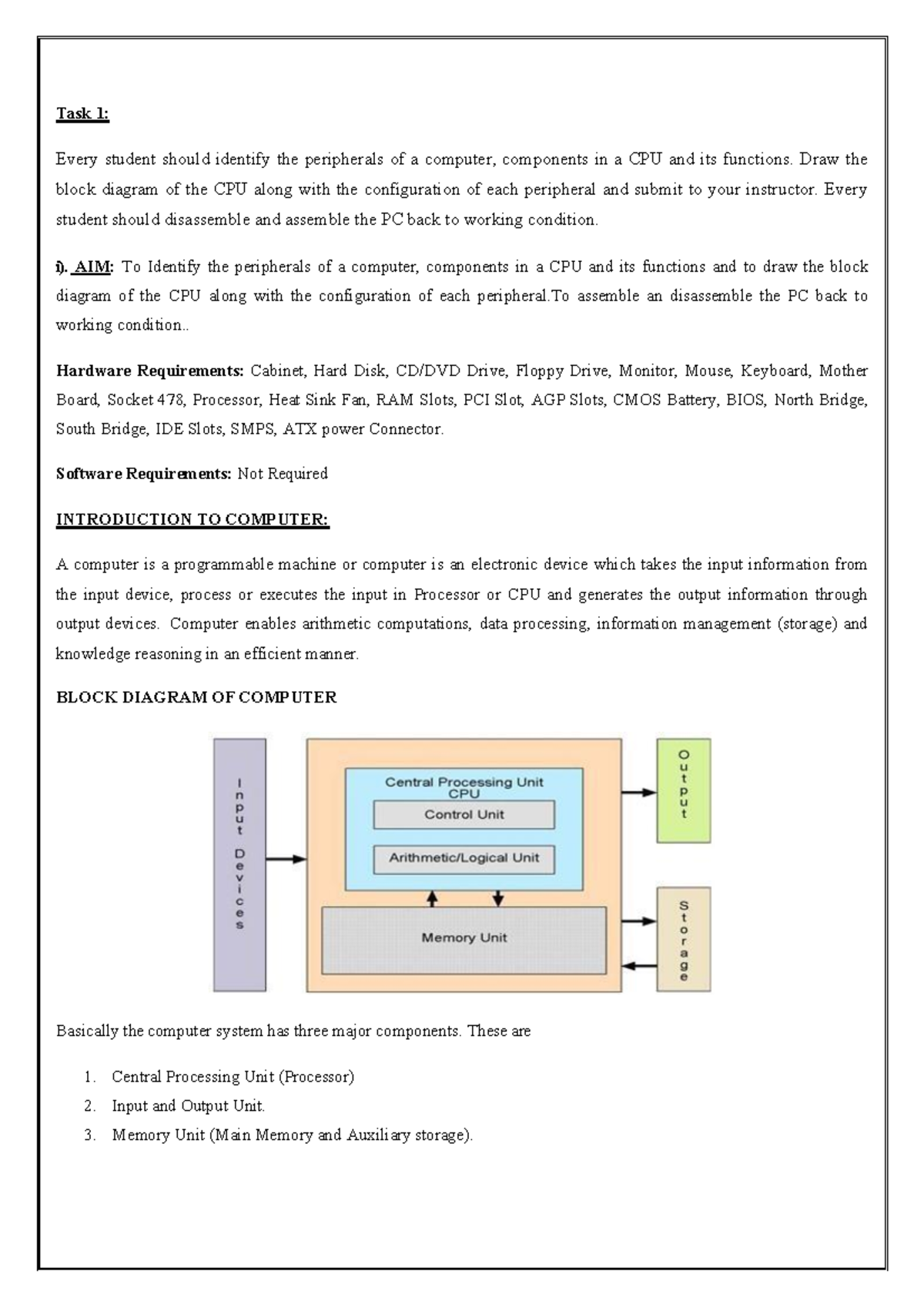 IT Workshop Task 1: Identifying Computer Peripherals and CPU Components - Studocu