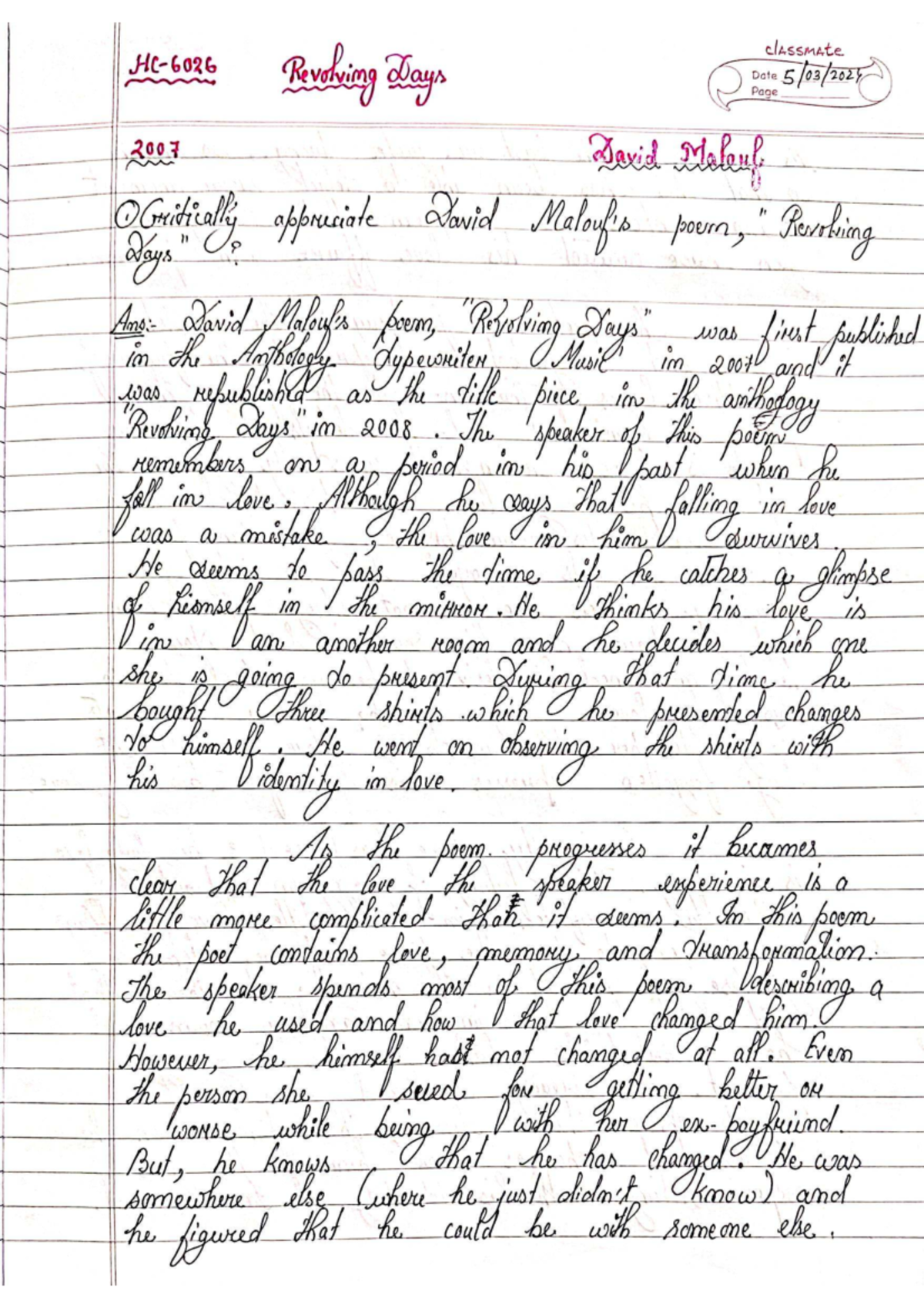 Critical Appreciation of David Malouf's Poem "Revolving Days" - Studocu