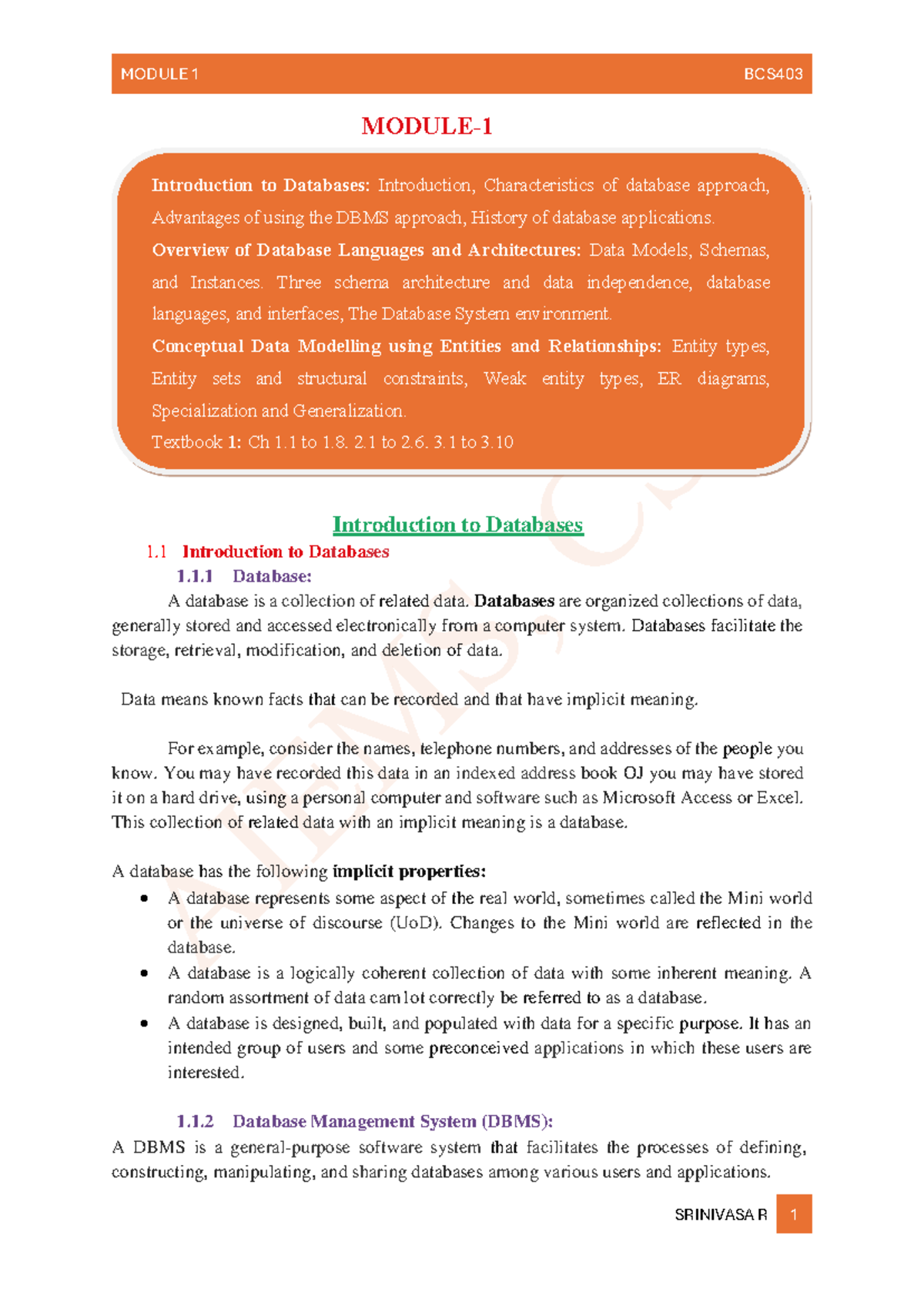 BCS403 DBMS Module 1: Introduction to Databases and Data Modeling - Studocu