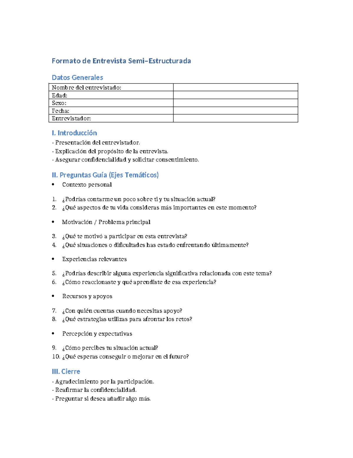 Formato de Entrevista Semi Estructurada - Datos Generales - Studocu