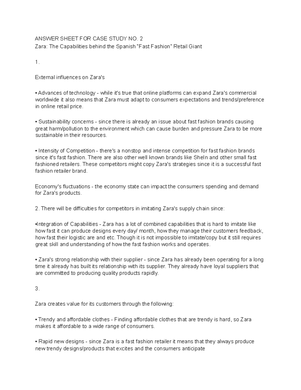 Answer Sheet - Case Study 2: Analyzing Zara's Fast Fashion Strategy - Studocu