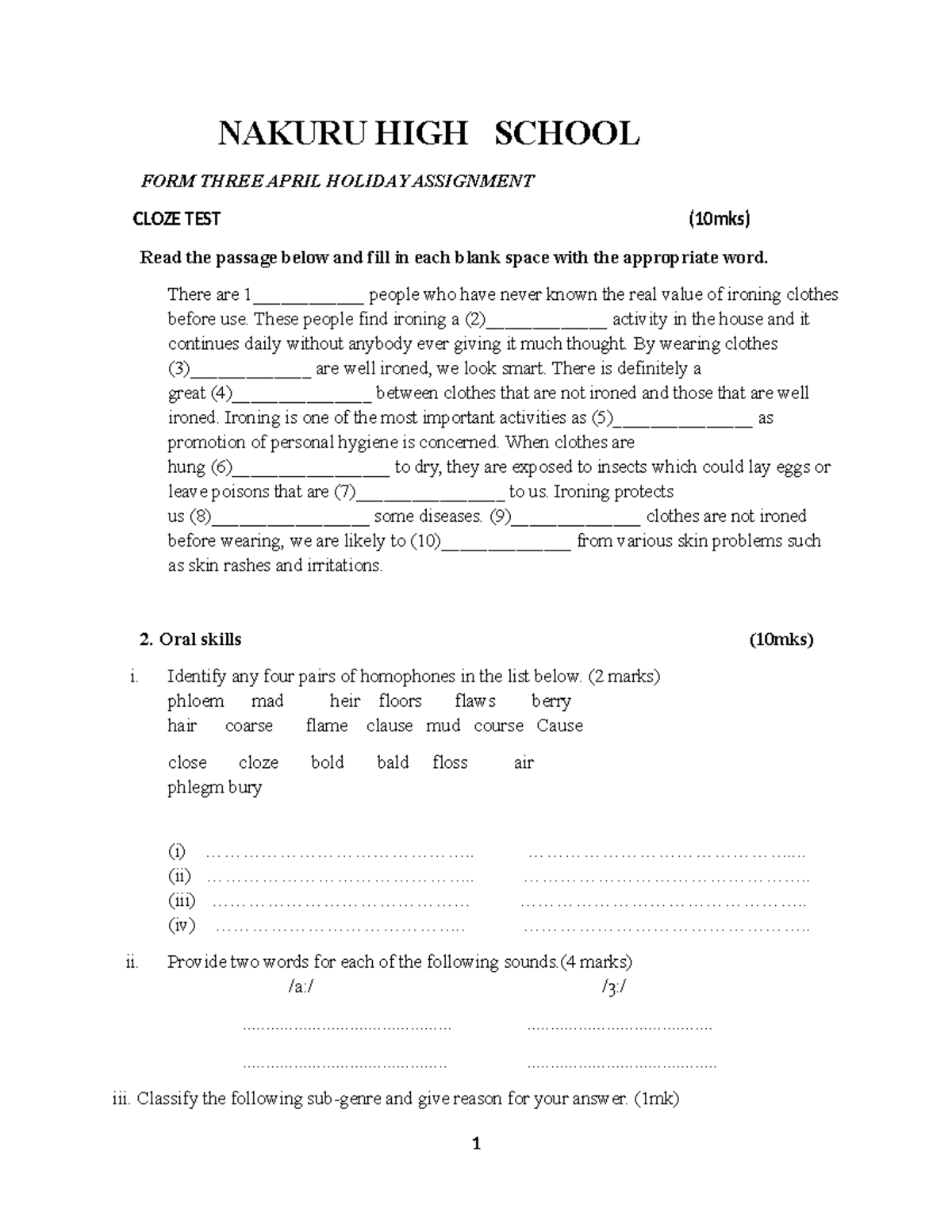 English FORM 3 Holiday Assignment - April 2026 Cloze Test & Oral Skills ...