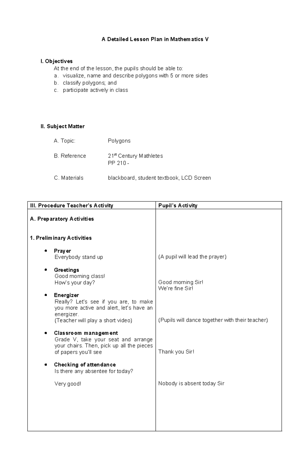 Math V Lesson Plan: Exploring Polygons (Nov 25) - Studocu