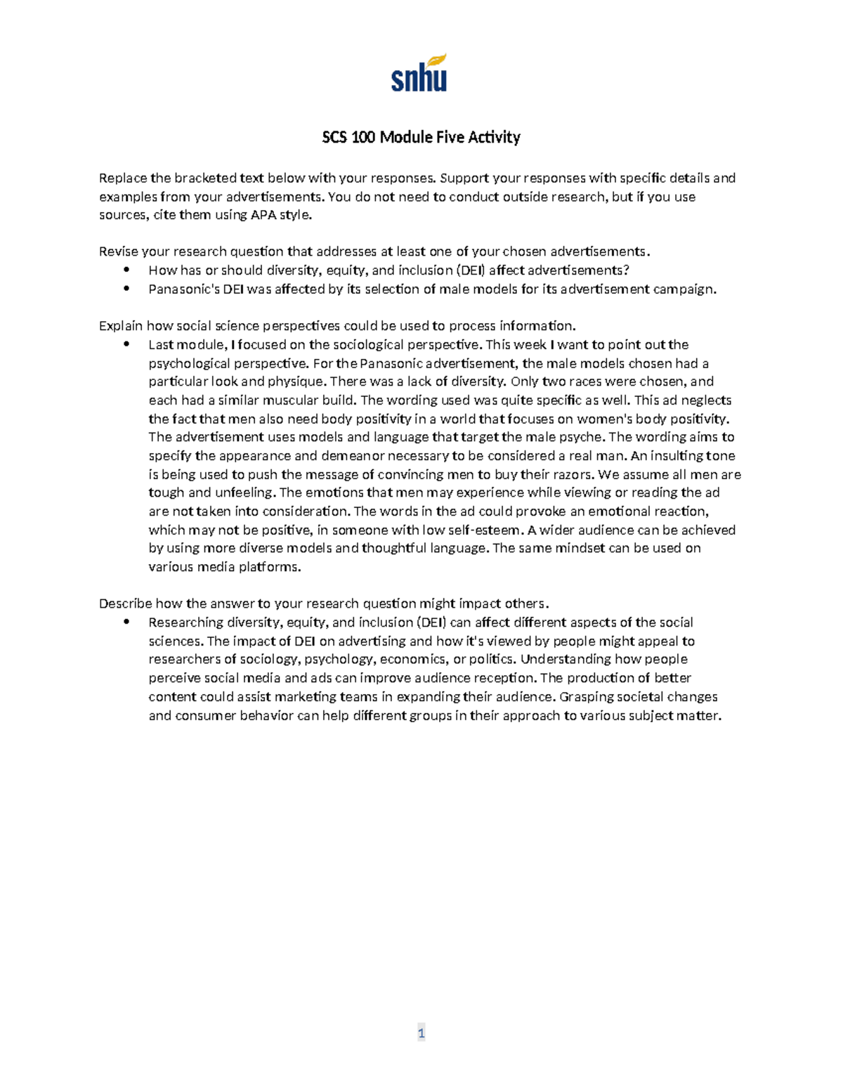 SCS 100 Module 05 Activity - SCS 100 Module Five Activity Replace the bracketed text below with ...
