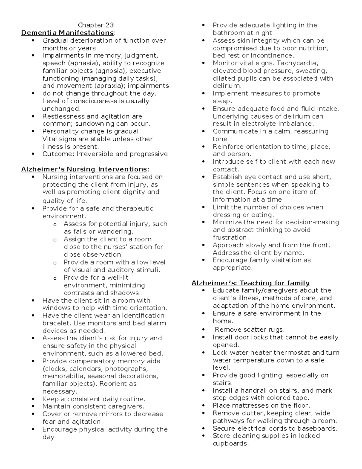 Chapter 23 Notes - Chapter 23 Dementia Manifestations: Gradual ...