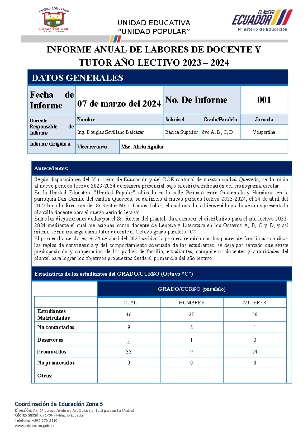 Informe Anual de Labores Docente Tutor DS 2023-2024 - Studocu