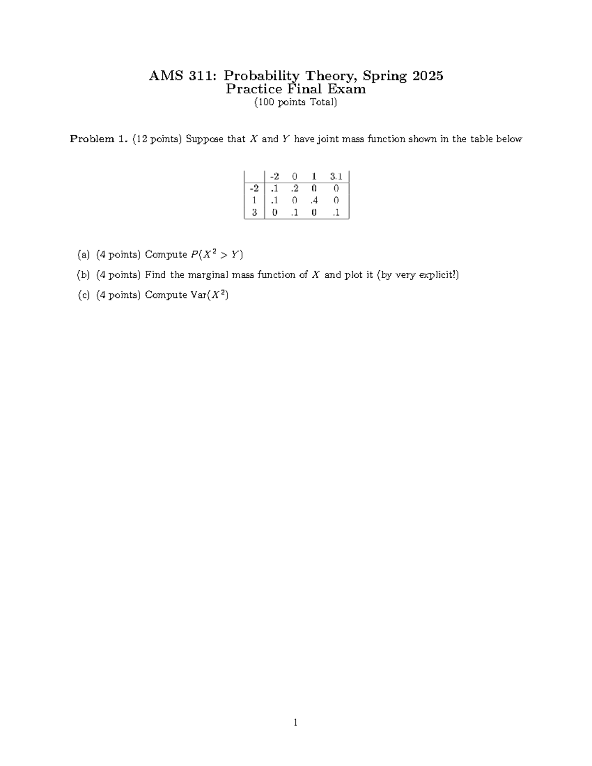 AMS 311: Probability Theory Practice Final Exam - Spring 2025 - AMS 311 ...