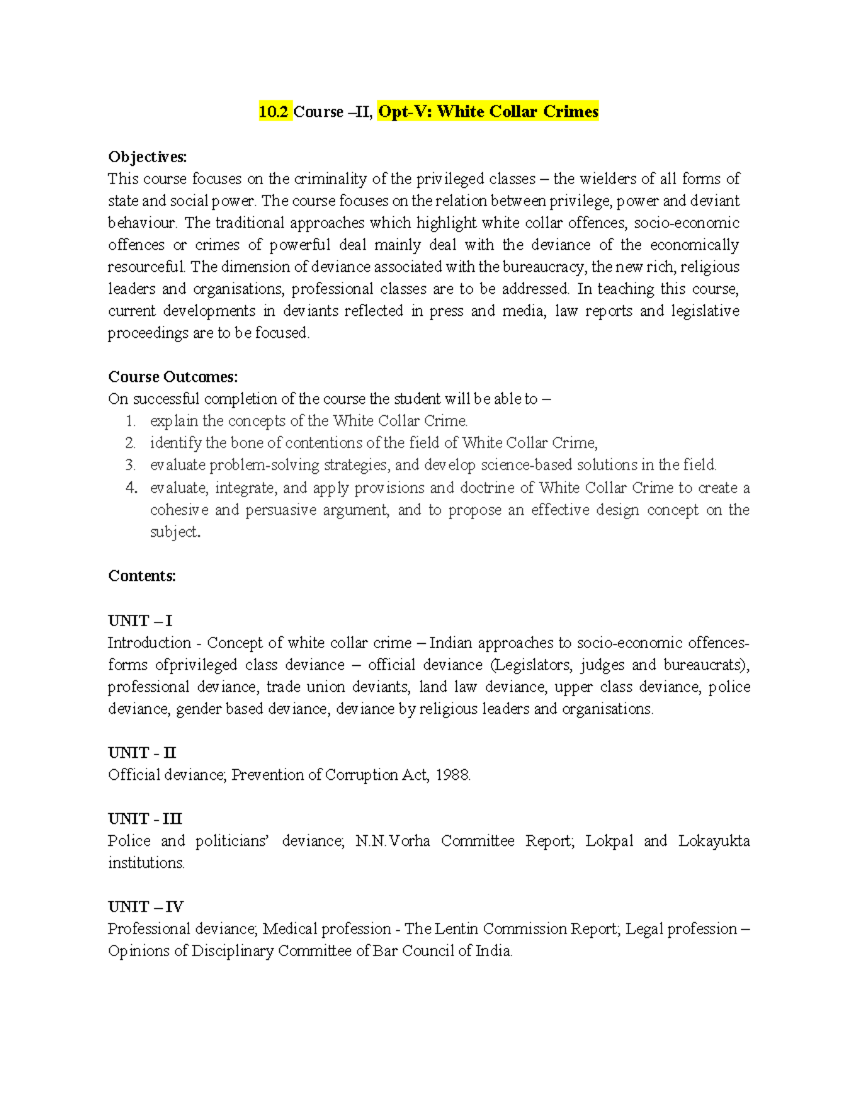 Course II - Opt V: White Collar Crimes - Comprehensive Study Notes ...