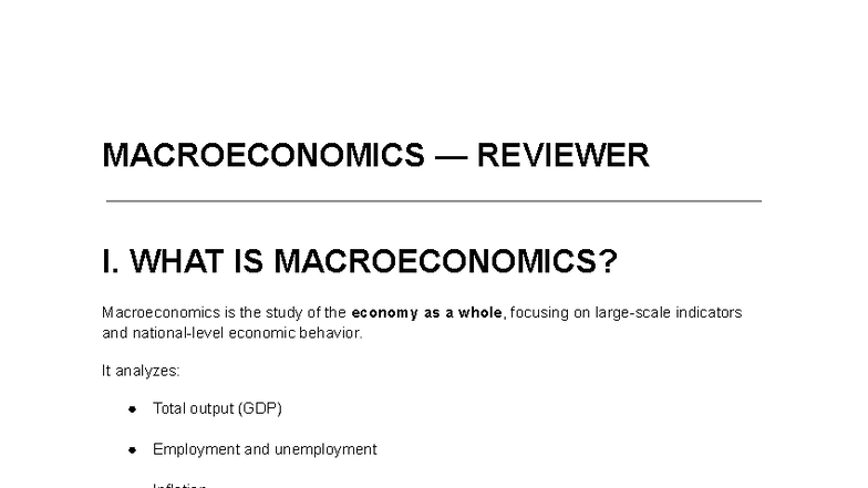 MACROECONOMICS REVIEWER: KEY CONCEPTS & INDICATORS - Studocu