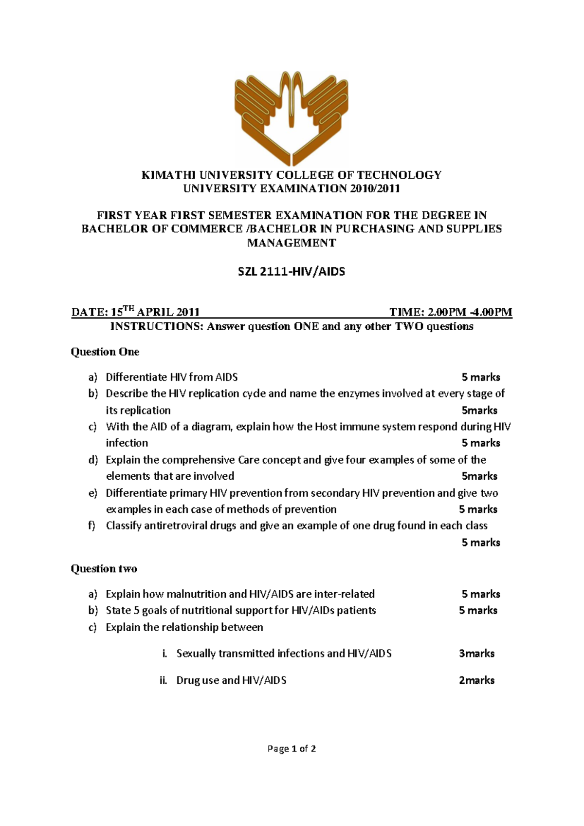 SZL 2111 - HIV/AIDS Revision Notes for First Year Exam - Studocu