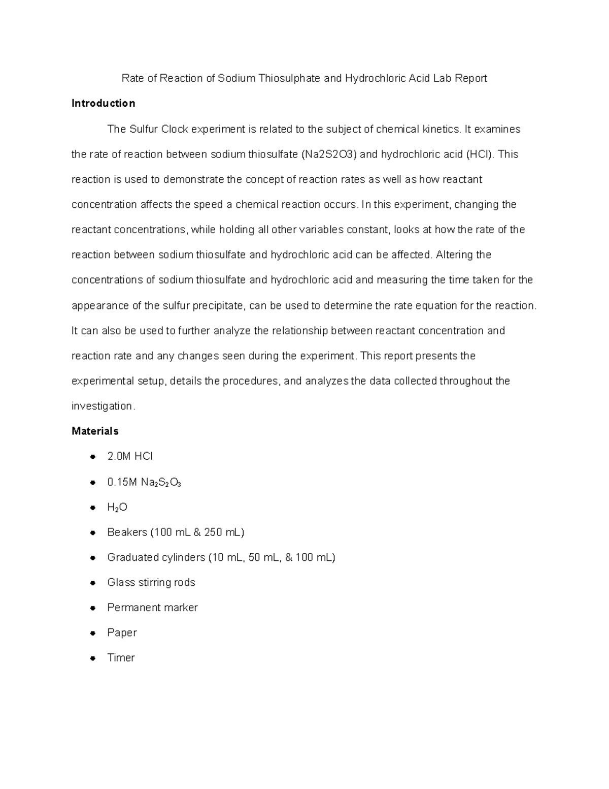 Sulfur Clock Experiment: Rate of Reaction Lab Report - Studocu