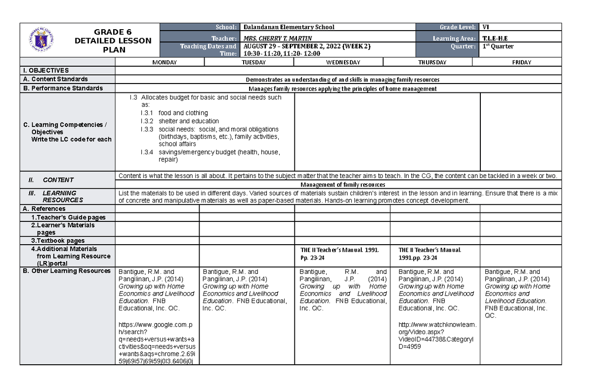 DLL TLE-HE 6 Q1 W2 - daily lesson log - GRADE 6 DETAILED LESSON PLAN ...