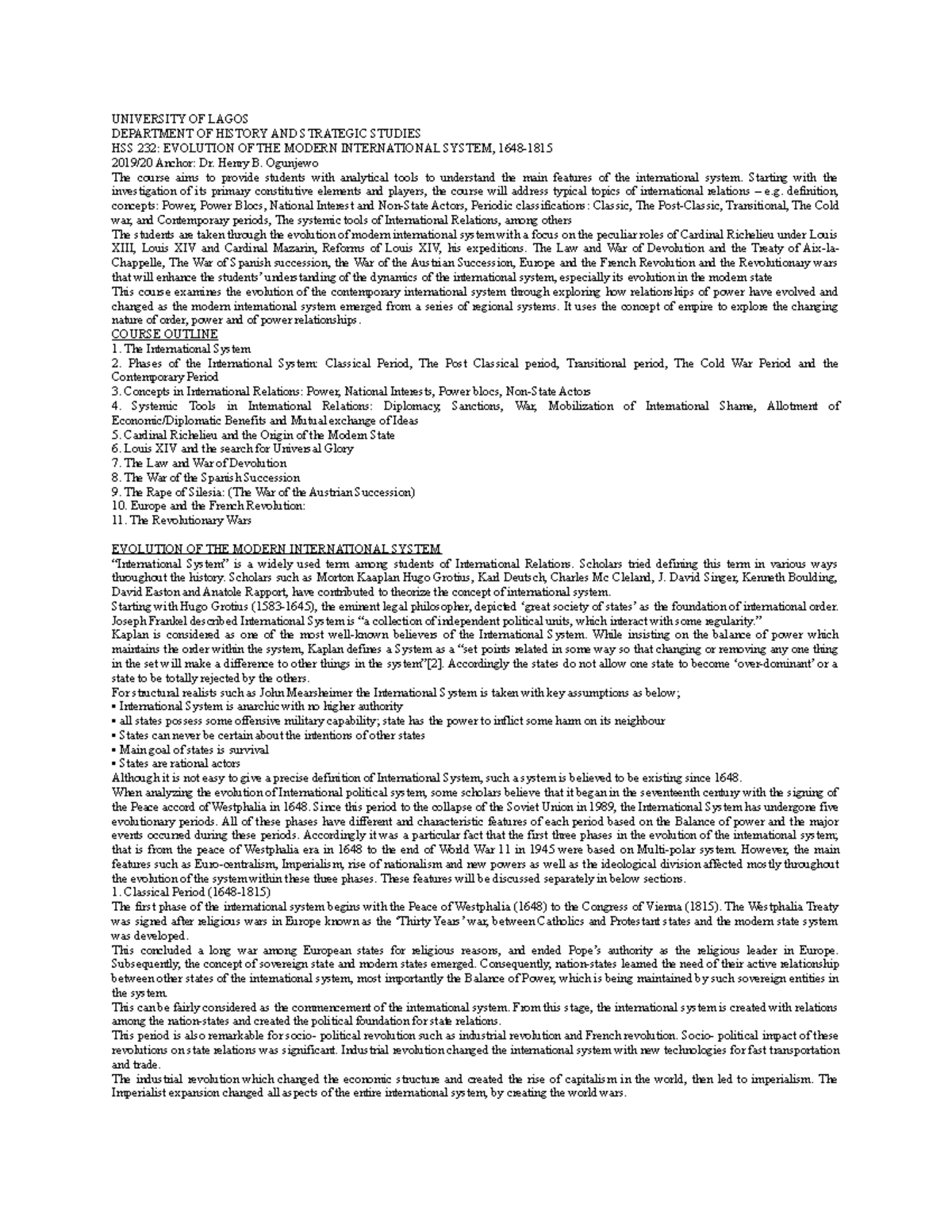 HSS 232: Evolution of the Modern International System (1648-2019) - Studocu
