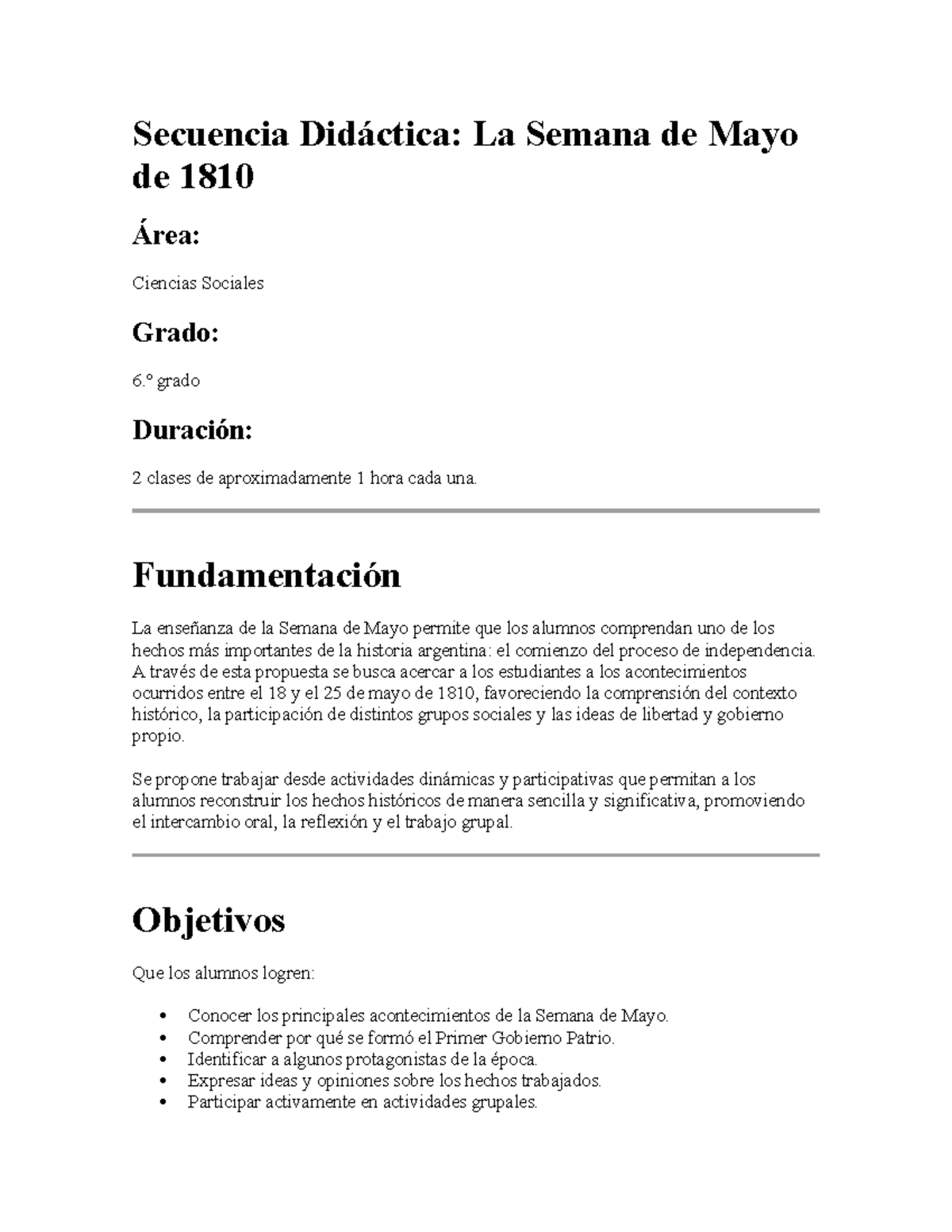 Secuencia Didáctica: La Semana de Mayo de 1810 - 6.º Grado - Studocu