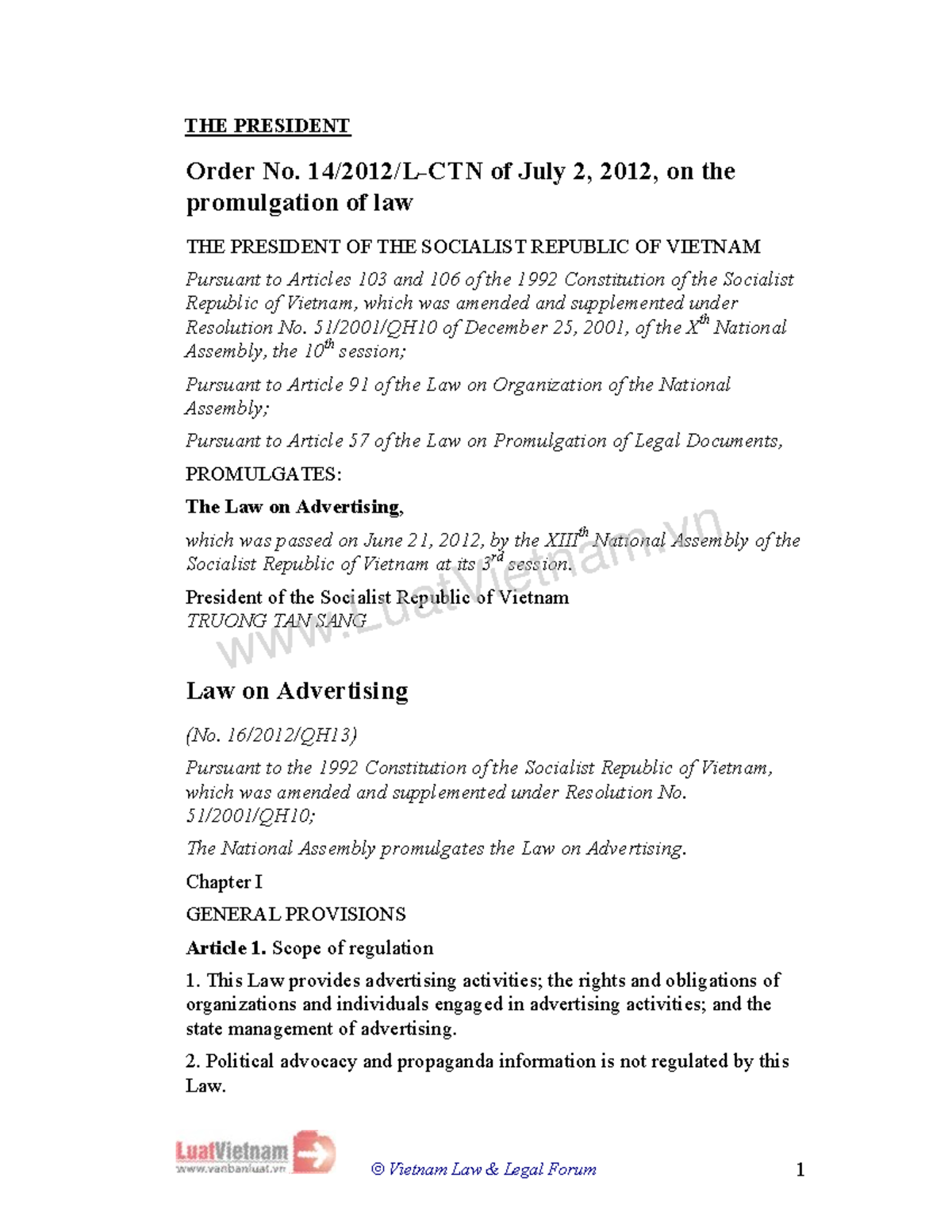 Law 16 2012 QH13 - bhbb - THE PRESIDENT Order No. 14/2012/L-CTN of July ...
