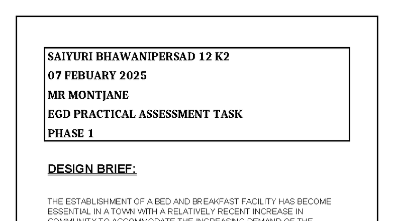 EGD Practical Assessment: Design Brief for Bed & Breakfast Facility ...