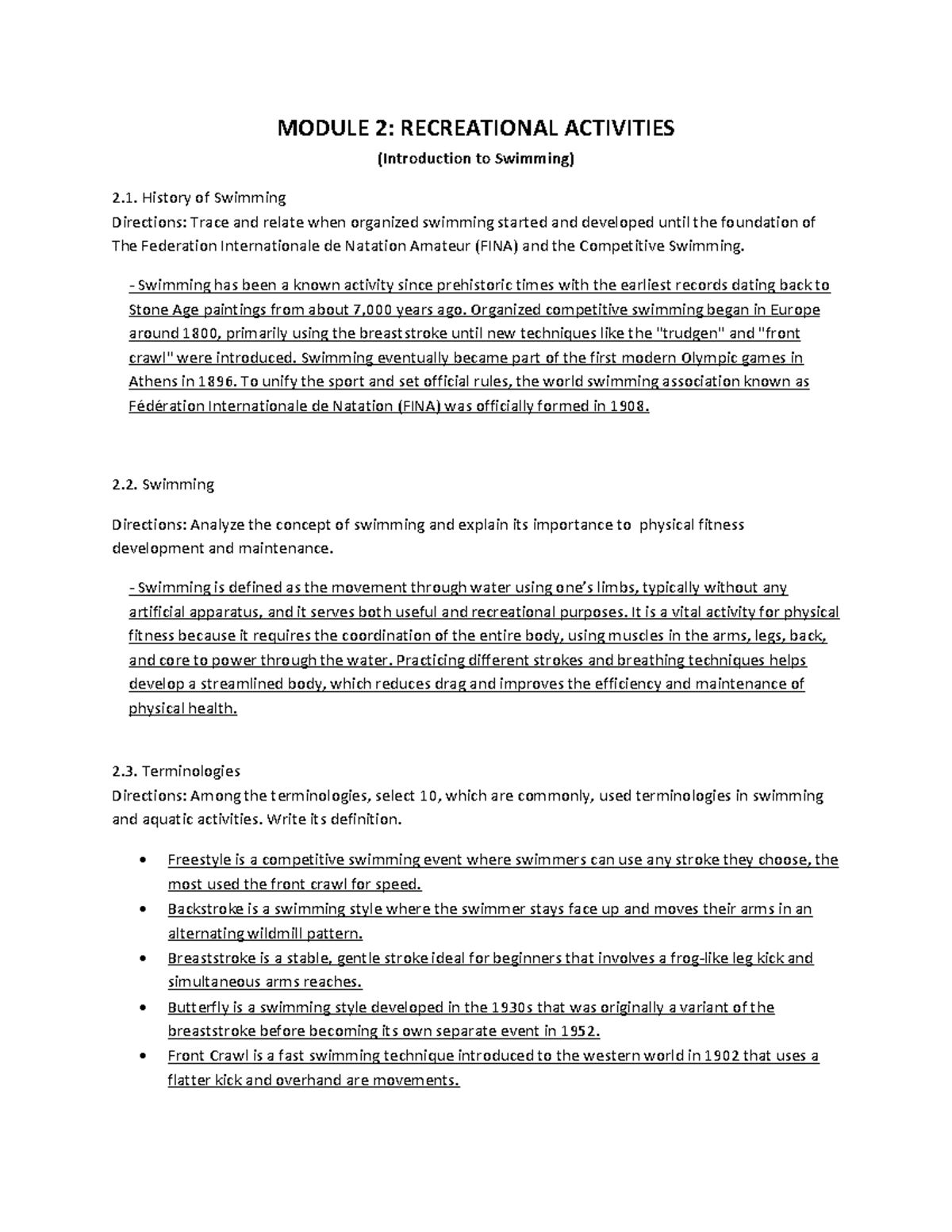 MODULE 2: RECREATIONAL ACTIVITIES (Intro to Swimming) - History ...